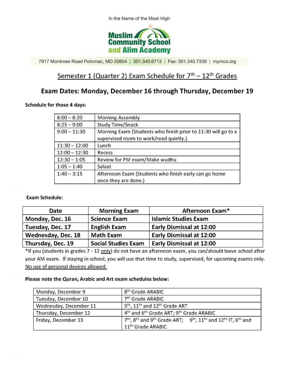 Semester 1 Exam Schedule – Alim Academy: Islamic School & College ...